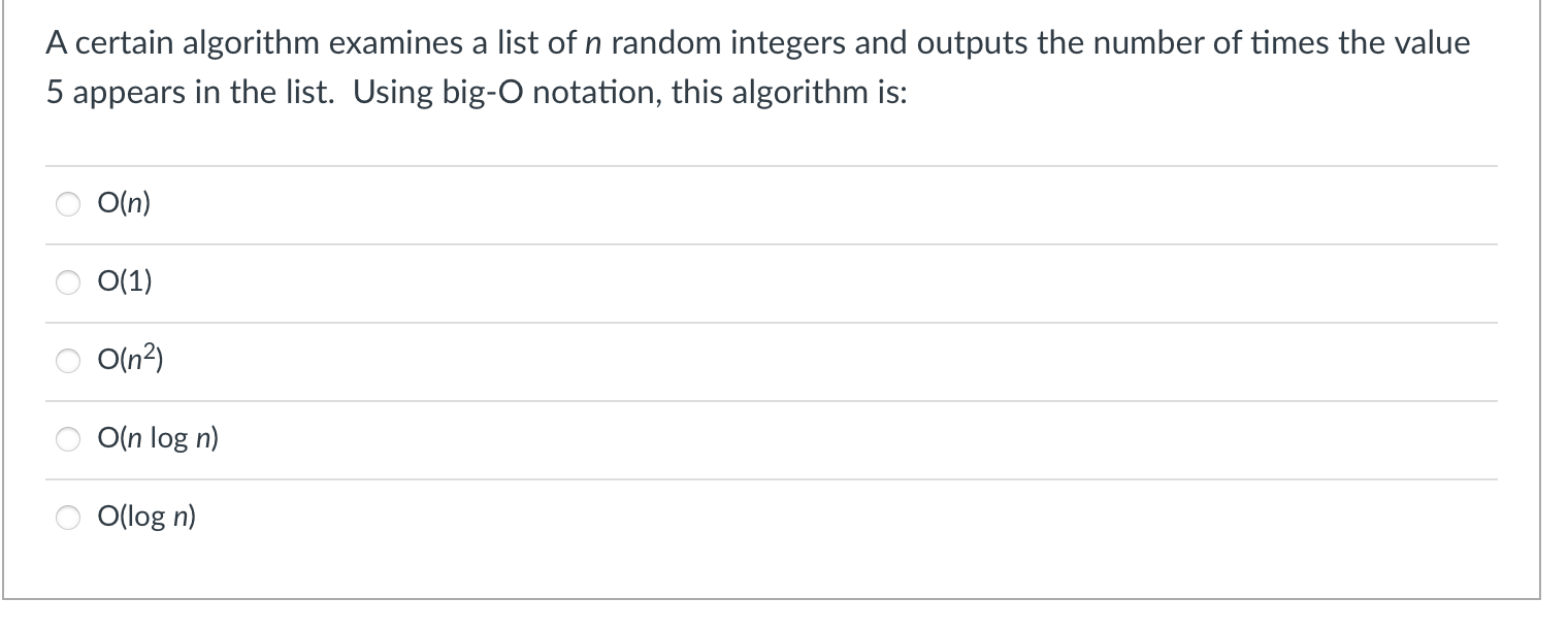 Solved A Certain Algorithm Examines A List Of N Random 