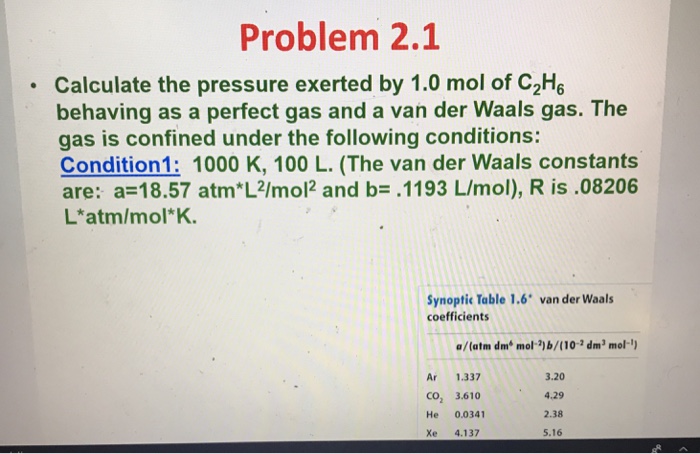Solved Problem 2.1 Calculate the pressure exerted by 1.0 mol | Chegg.com