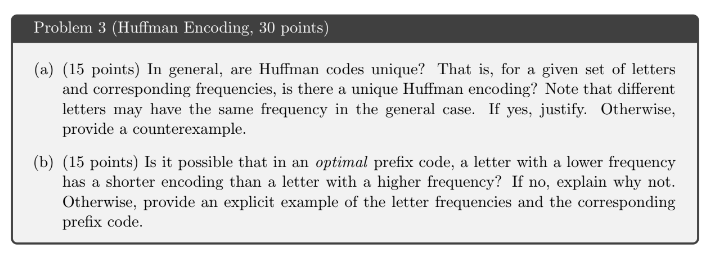 Solved (a) (15 points) In general, are Huffman codes unique? | Chegg.com