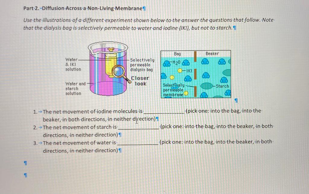 Solved Part 2. -Diffusion Across a Non-Living Membrane Use | Chegg.com