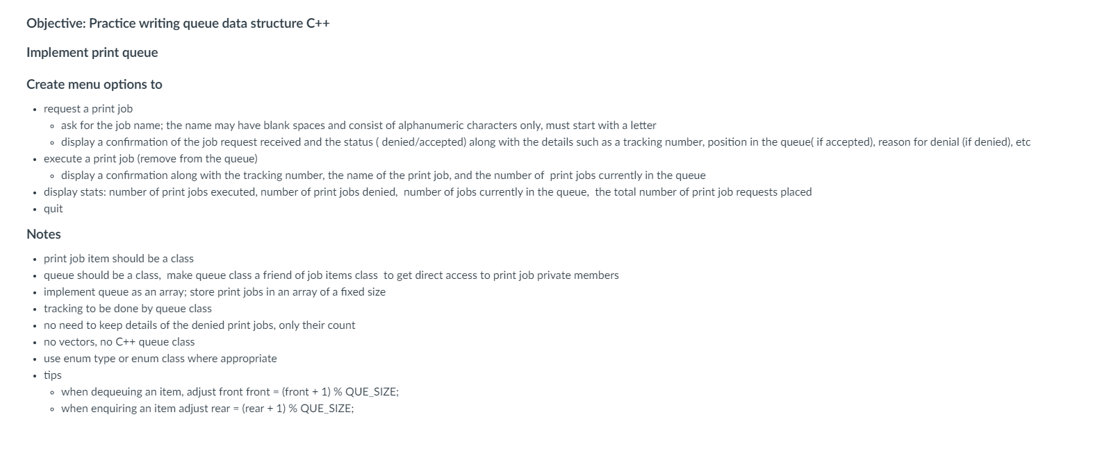 Solved Objective: Practice writing queue data structure C++ | Chegg.com