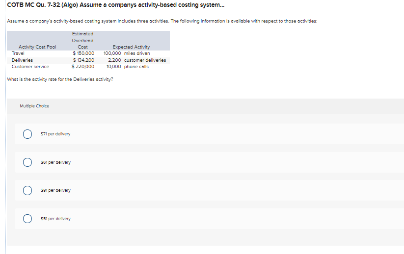 Solved COTB MC Qu. 7.27 (Algo) Assume a company's | Chegg.com