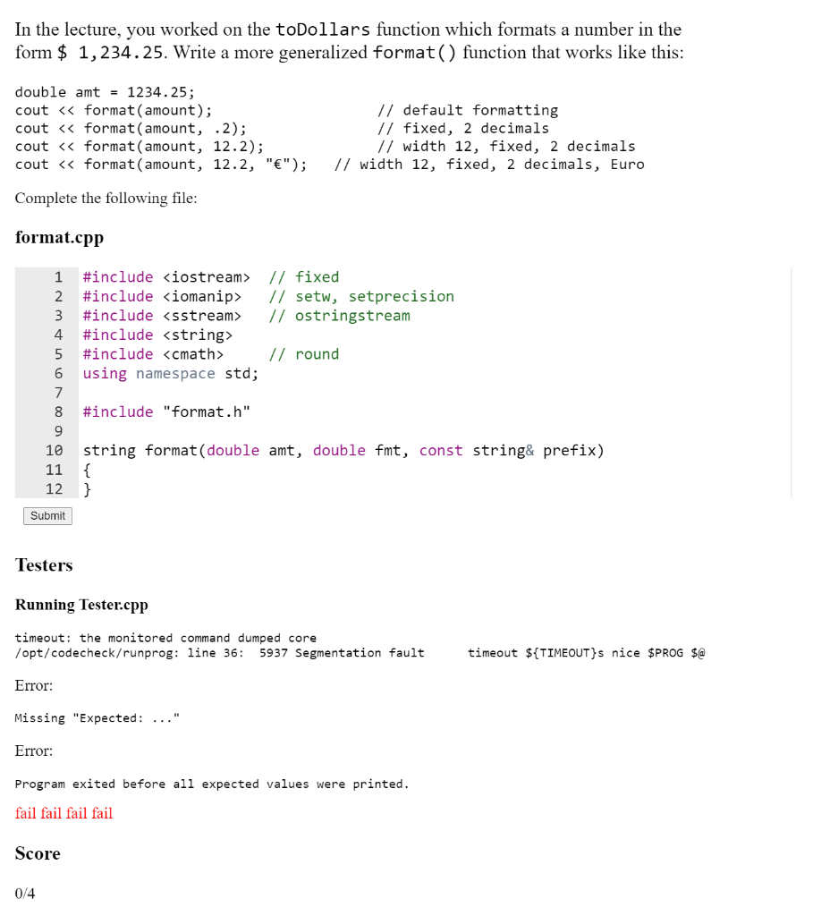 Solved In the lecture, you worked on the toDollars function | Chegg.com