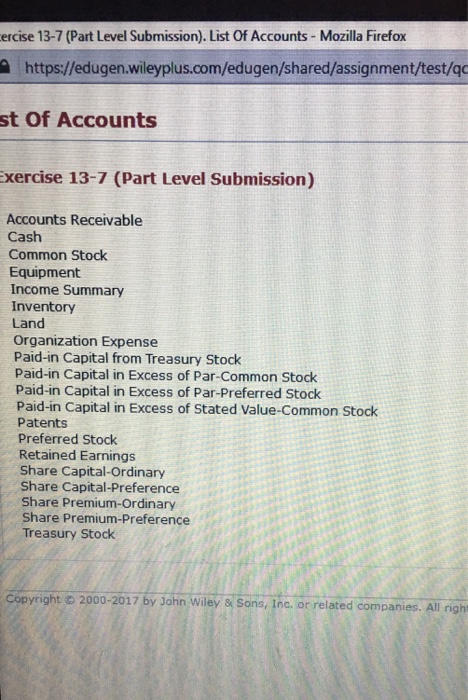 Solved Exercise 13-7 (Part Level Submission) common stock | Chegg.com