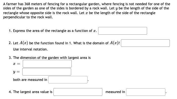 Solved A farmer has 368 meters of fencing for a rectangular | Chegg.com