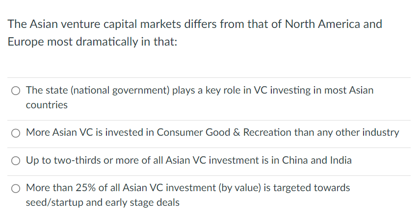Solved The Asian venture capital markets differs from that | Chegg.com