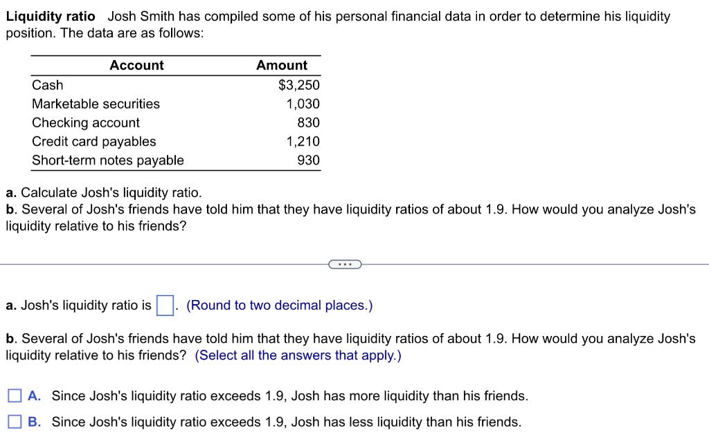 Solved Liquidity ratio Josh Smith has compiled some of his | Chegg.com