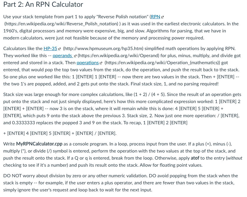 Solved Part 2: An RPN Calculator Use your stack template | Chegg.com