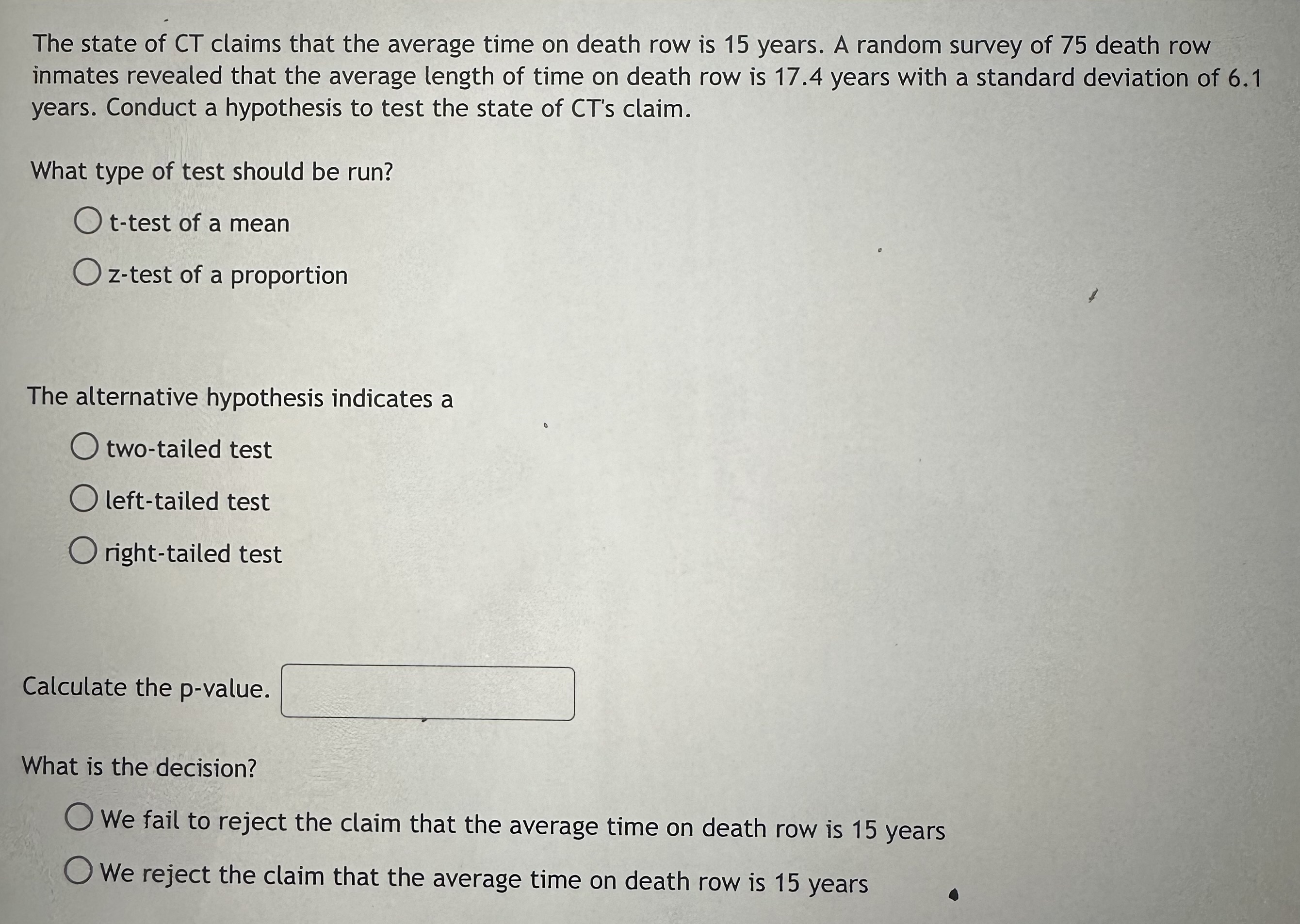Solved The state of CT claims that the average time on death | Chegg.com