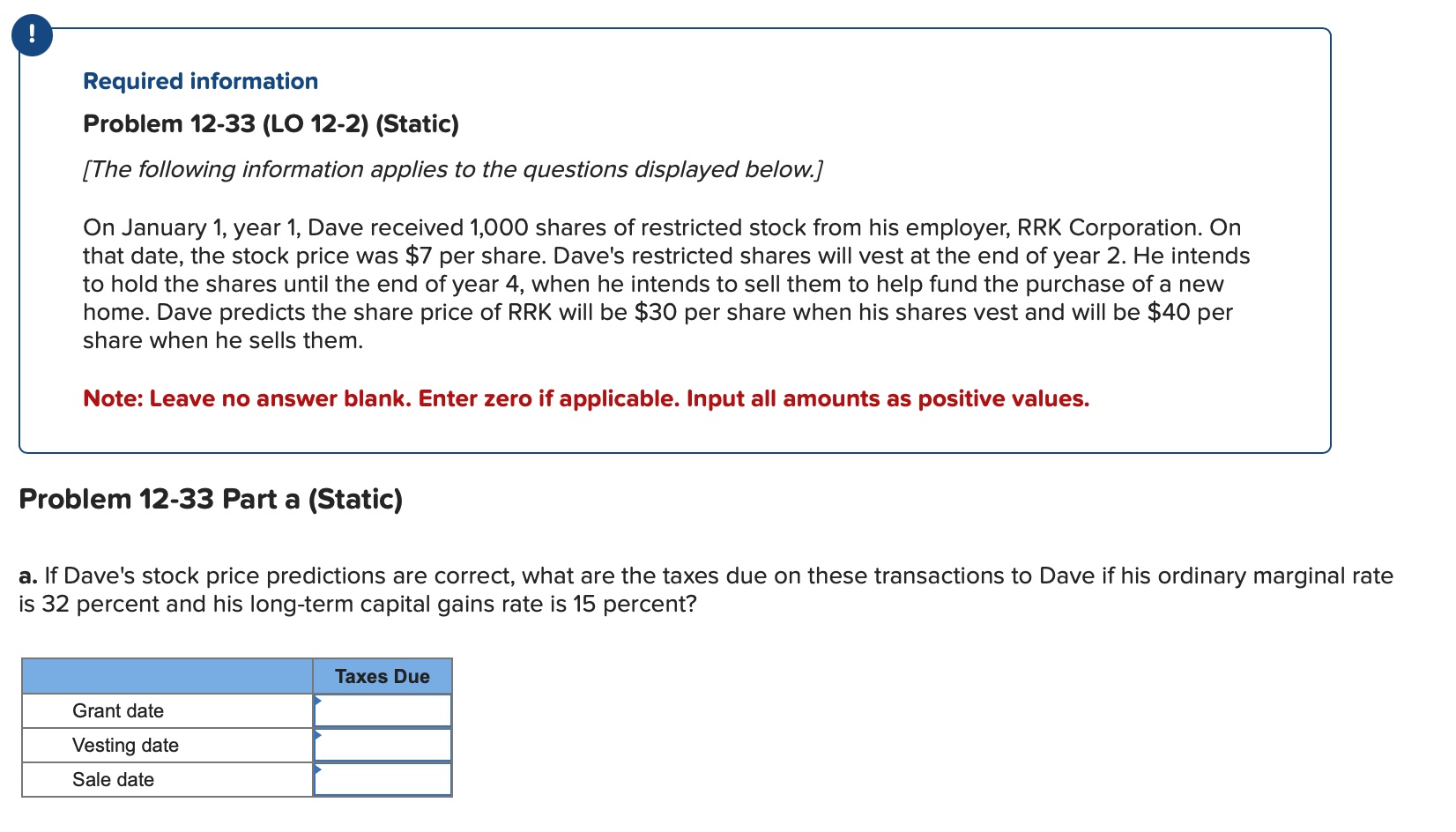 Solved Required information Problem 12-33 (LO 12-2) (Static) | Chegg.com