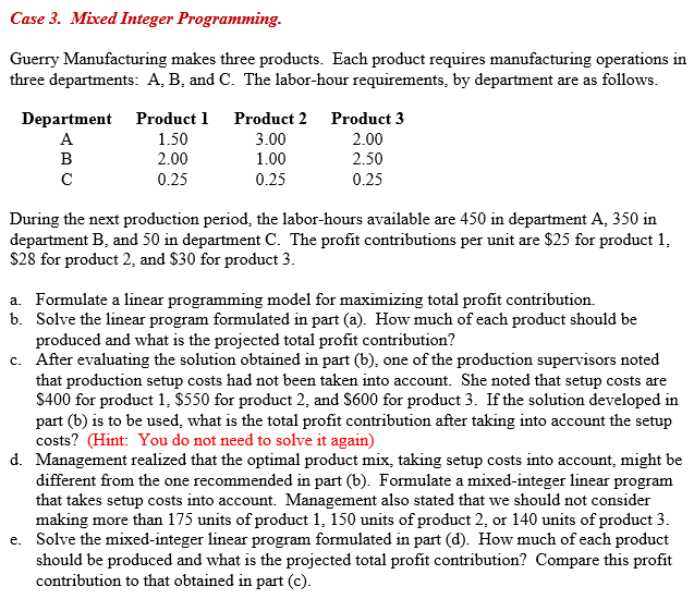 Solved Case 3. Mixed Integer Programming. Guerry | Chegg.com