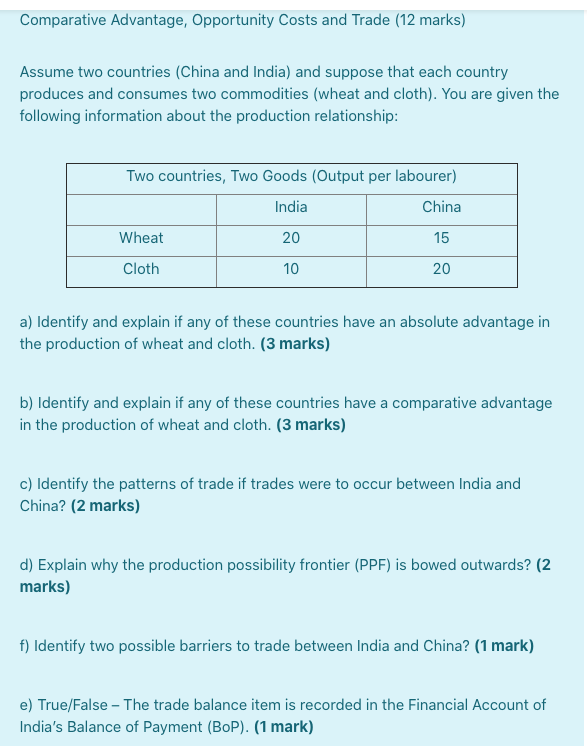Solved Comparative Advantage, Opportunity Costs and Trade | Chegg.com