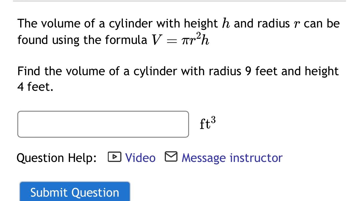 Solved The volume of a cylinder with height h and radius r | Chegg.com