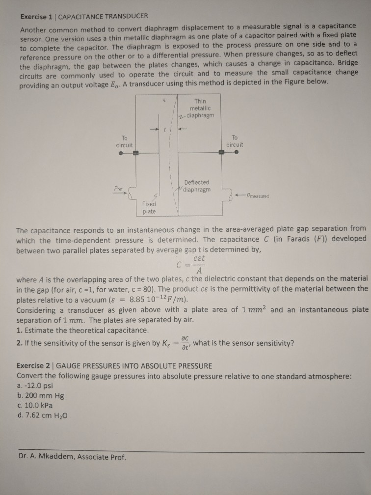 Solved Exercise 1 | CAPACITANCE TRANSDUCER Another common | Chegg.com
