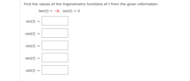 Solved Find the values of the trigonometric functions of t | Chegg.com