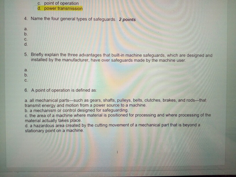 Solved c. point of operation d. power transmission 4. Name | Chegg.com