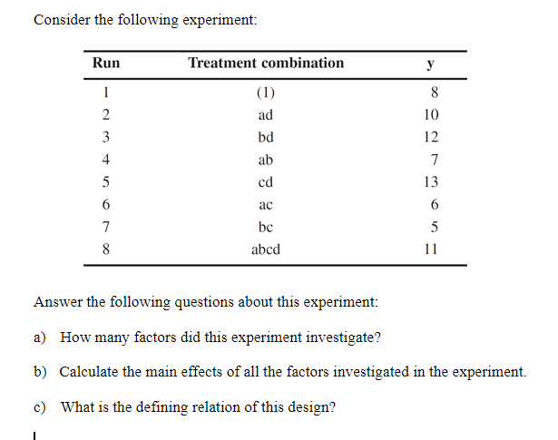 Consider the following experiment: Run у 8 Treatment | Chegg.com