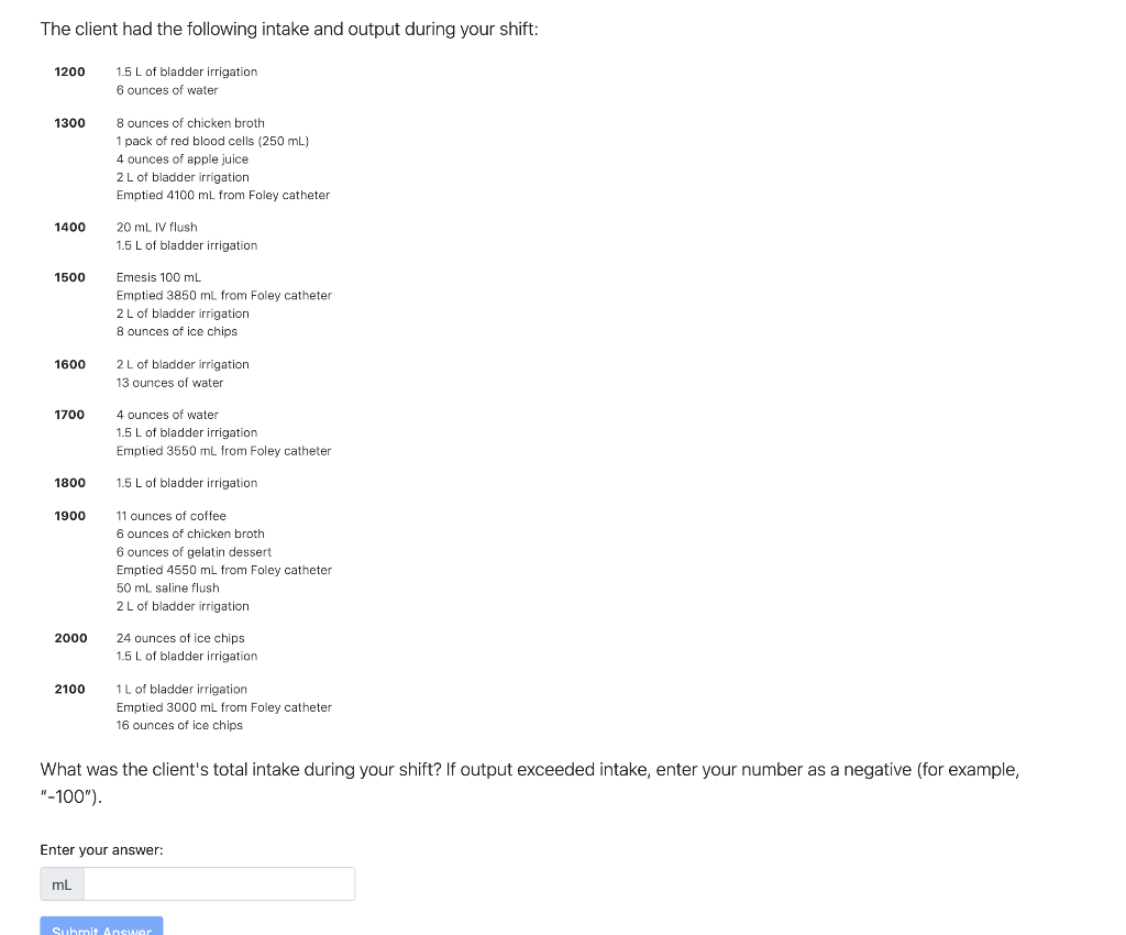 Solved What was the client's total intake during your shift? | Chegg.com
