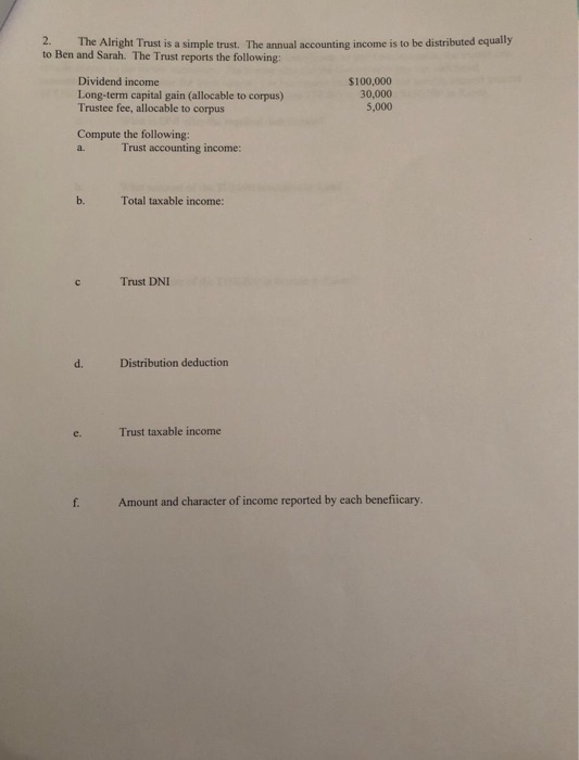 Solved 2. The Alright Trust is a simple trust. The annual | Chegg.com