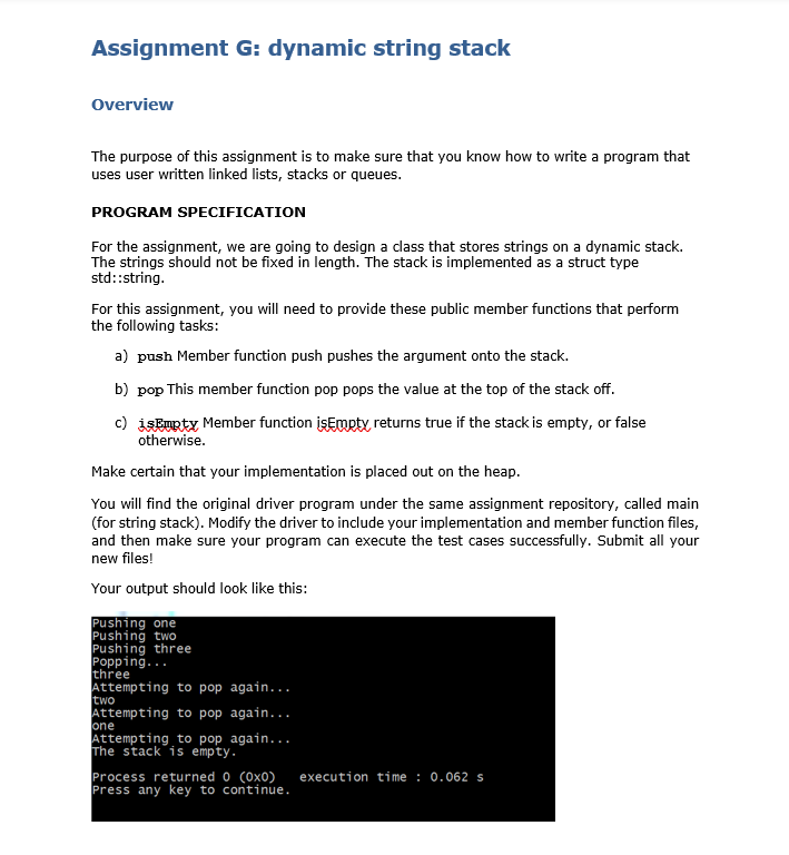 Solved Assignment G: dynamic string stack Overview The | Chegg.com