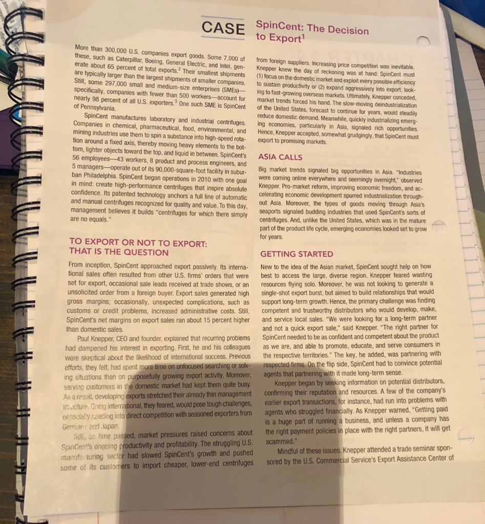 Solved CASE SpinCent: The Decision to Export More than | Chegg.com