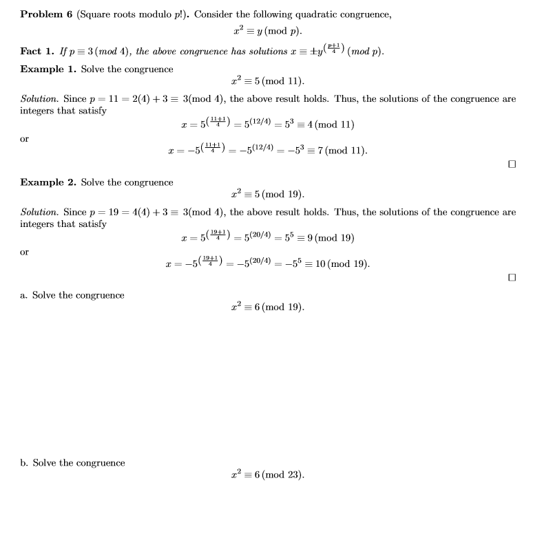 Solved Problem 6 (Square roots modulo p!). Consider the | Chegg.com