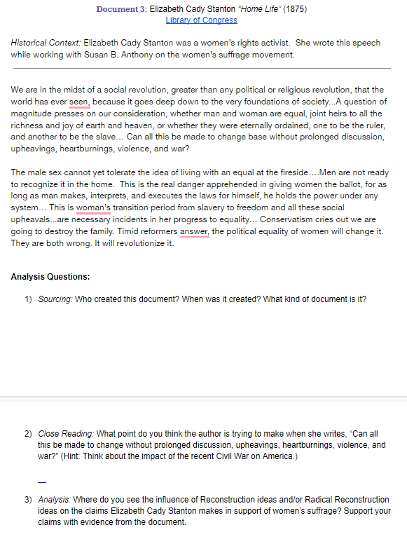 Document 3: Elizabeth Cady Stanton "Home Life" (1875) | Chegg.com