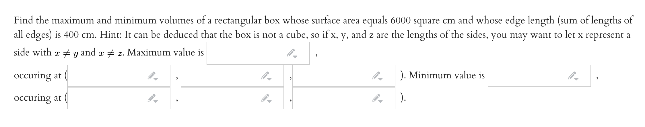 Solved Find the maximum and minimum volumes of a rectangular | Chegg.com