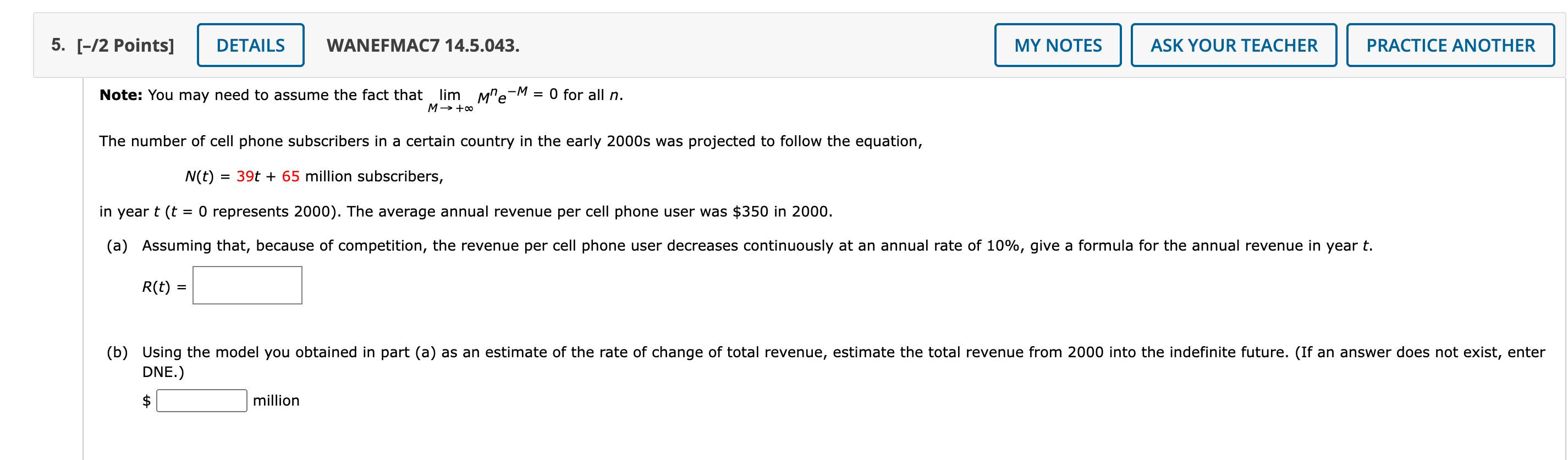 Solved 5. [-/2 Points] DETAILS WANEFMAC7 14.5.043. MY NOTES | Chegg.com