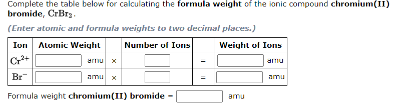 Solved Complete the table below for calculating the formula | Chegg.com