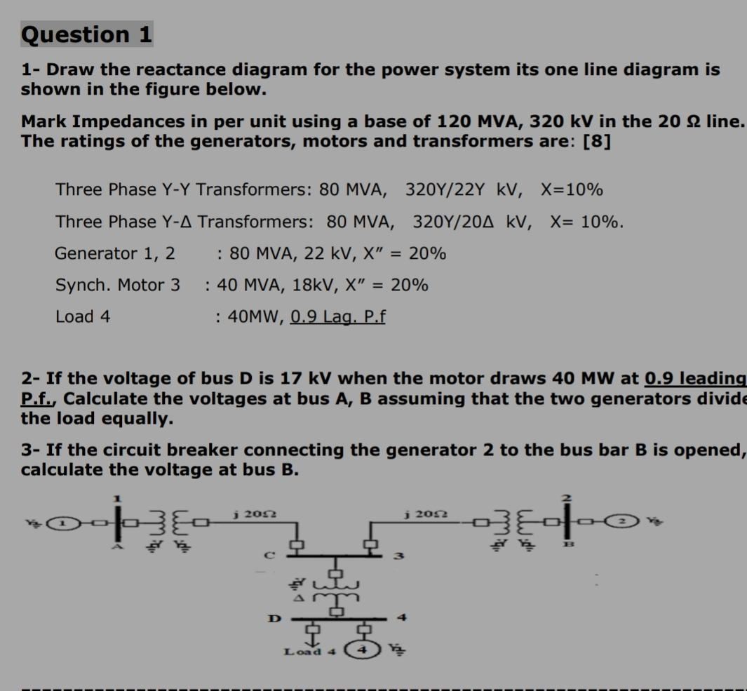 Solved Question 1 1- Draw the reactance diagram for the | Chegg.com