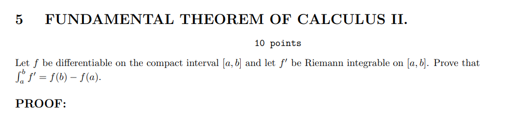 Solved 5 FUNDAMENTAL THEOREM OF CALCULUS II. 10 points Let | Chegg.com