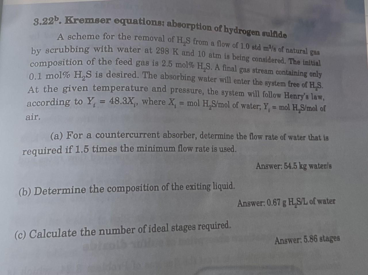 Solved 3.22b. Kremser equationss absorption of hydrogen | Chegg.com