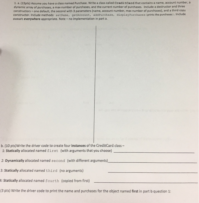 Solved 1. a. (15pts) Assume you have a class named Purchase. | Chegg.com