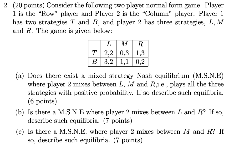 2. (20 points) Consider the following two player | Chegg.com