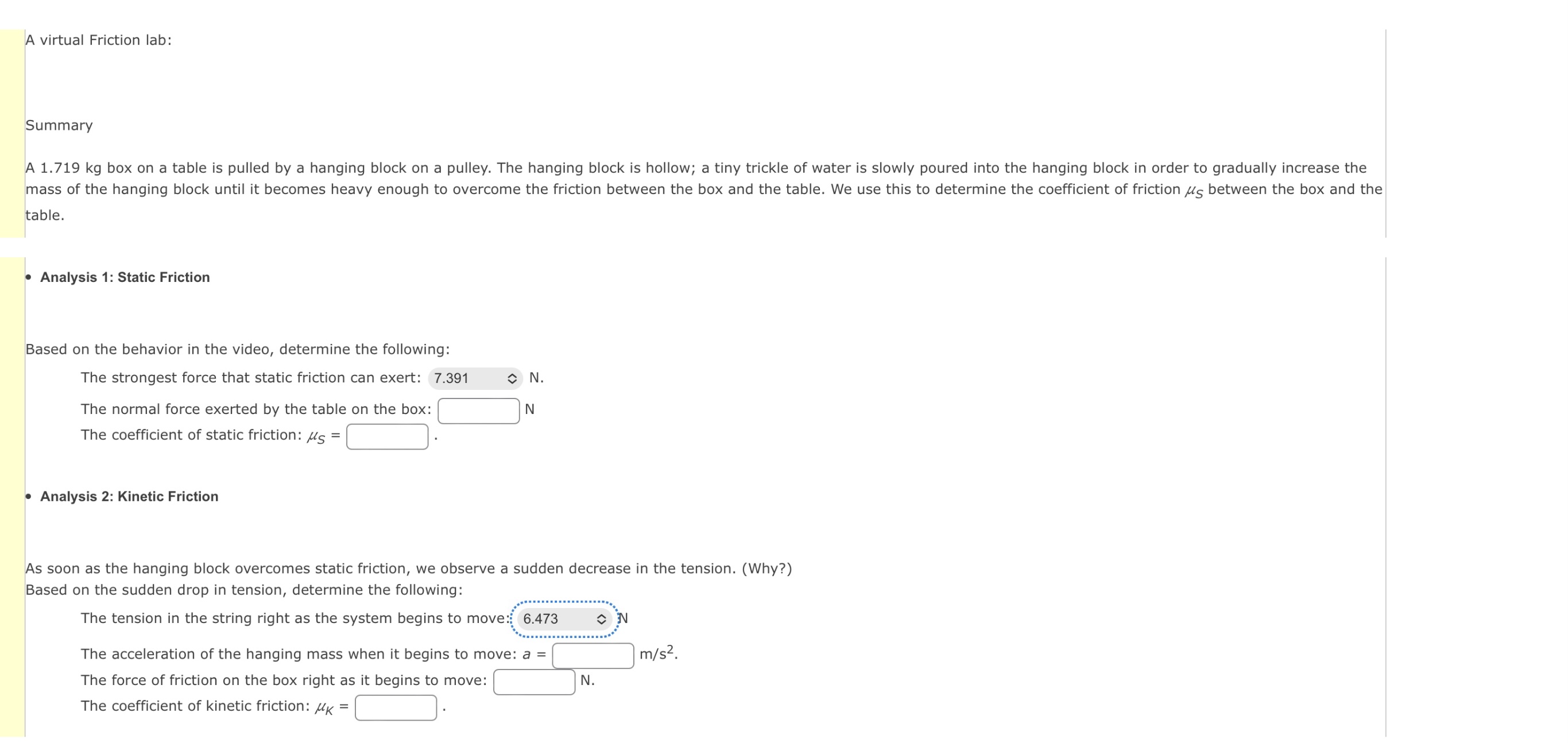 A Virtual Friction Lab Summarytable Analysis 1 Chegg