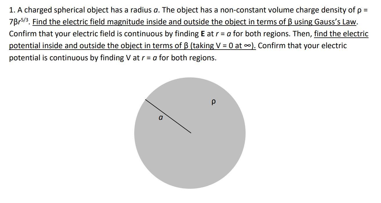 Solved 1. A charged spherical object has a radius a. The | Chegg.com