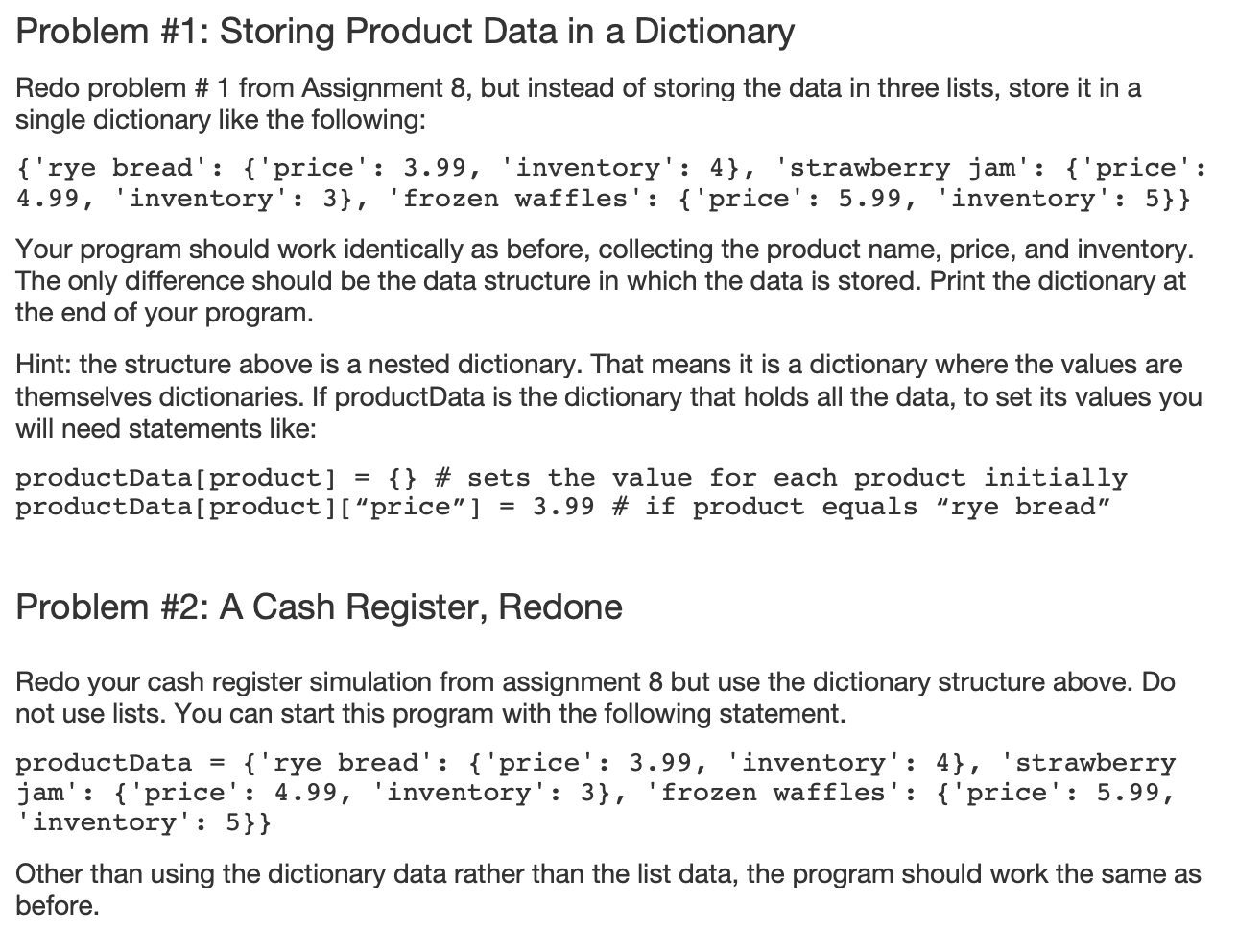Problem #1: Storing Product Data in a Dictionary Redo | Chegg.com
