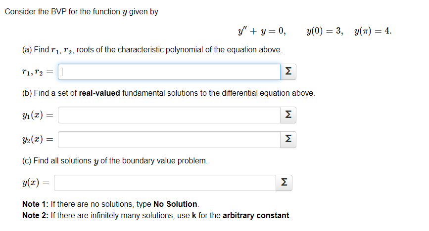 Solved Consider the BVP for the function y given by y" + y = | Chegg.com