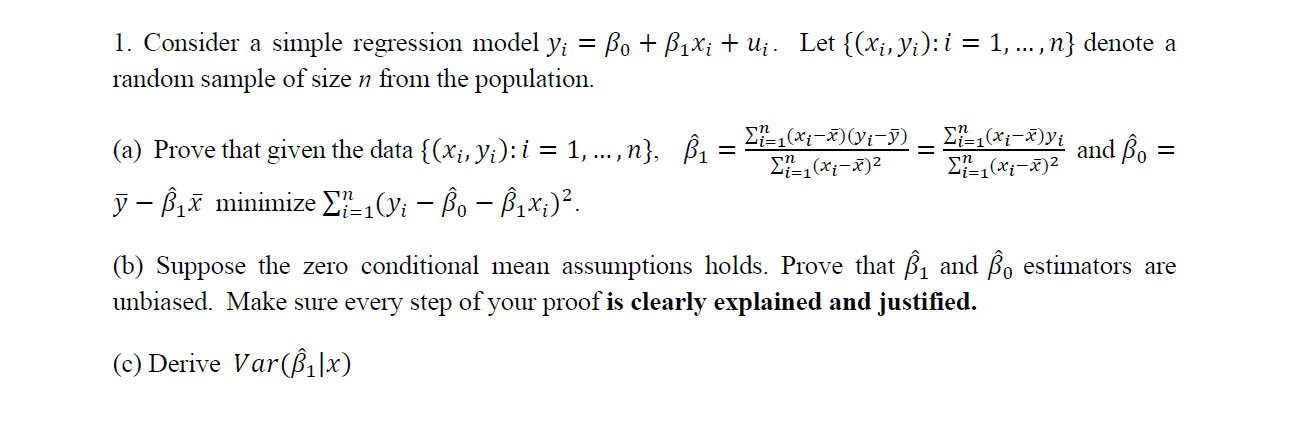 1. Consider a simple regression model yi=β0+β1xi+ui. | Chegg.com
