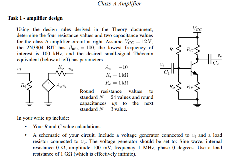 Class-A Amplifier R1 Rc Hle RO Vo Task 1 - amplifier | Chegg.com