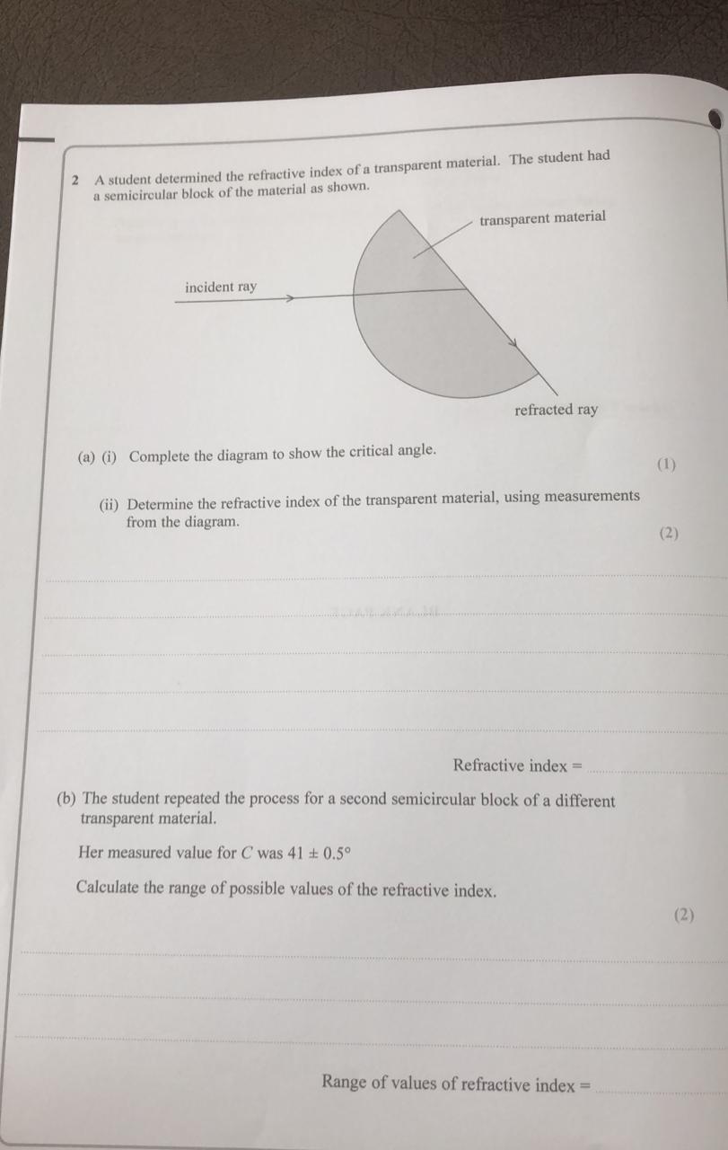 Solved 2 A student determined the refractive index of a | Chegg.com
