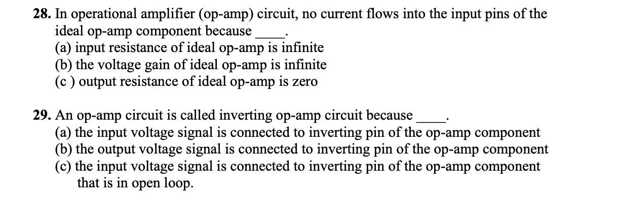 Solved 28. In operational amplifier (op-amp) circuit, no | Chegg.com
