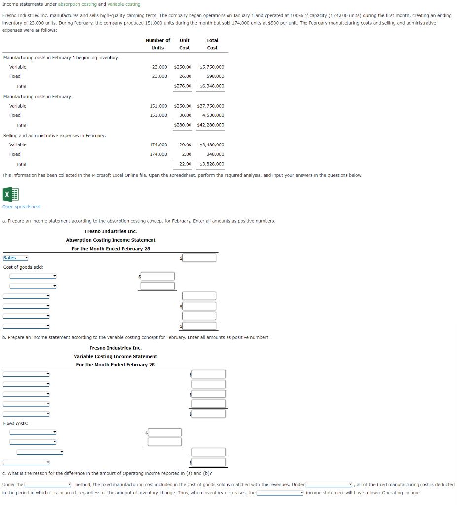 Solved Income statements under absorption costing and | Chegg.com