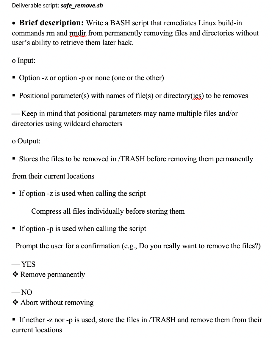 Deliverable script: safe_remove.sh • Brief | Chegg.com