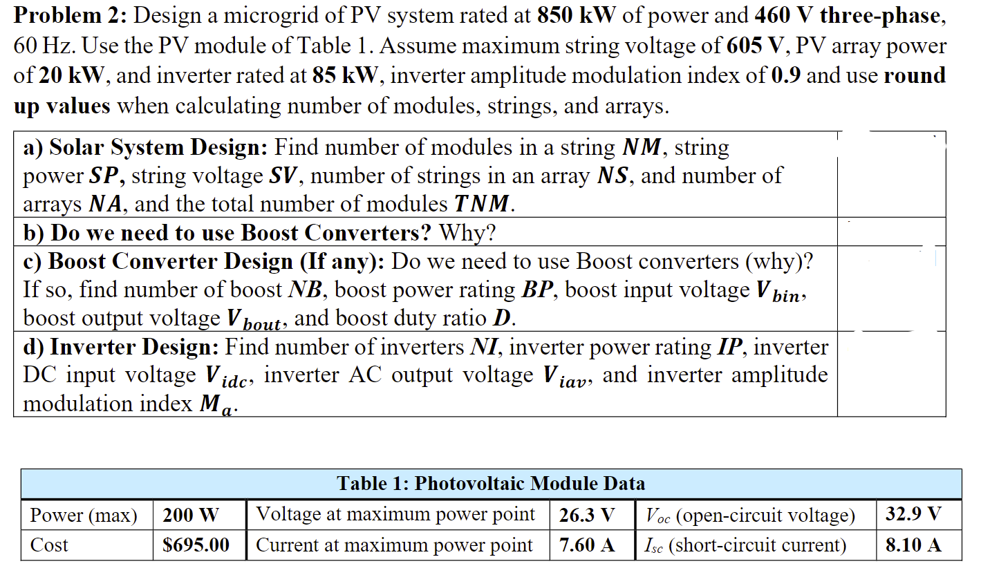 Solved Problem 2: Design a microgrid of PV system rated at | Chegg.com
