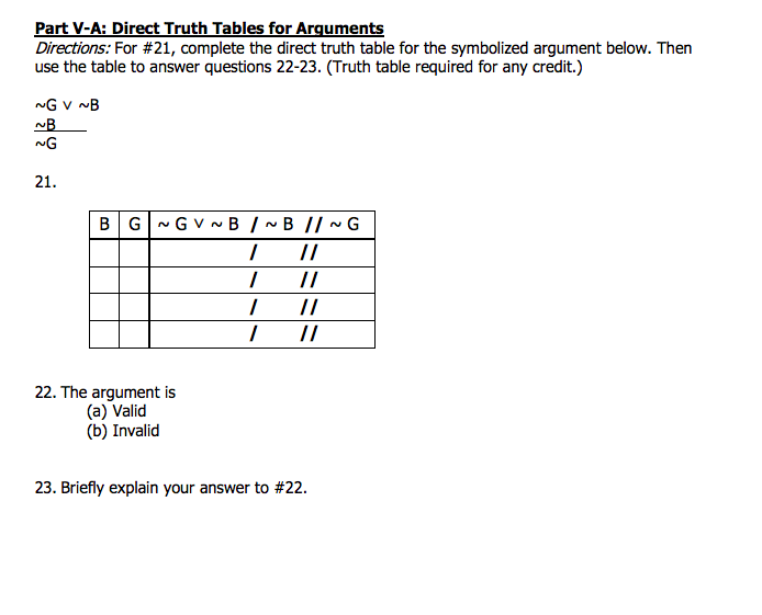 Solved Part V-A: Direct Truth Tables for Arguments | Chegg.com