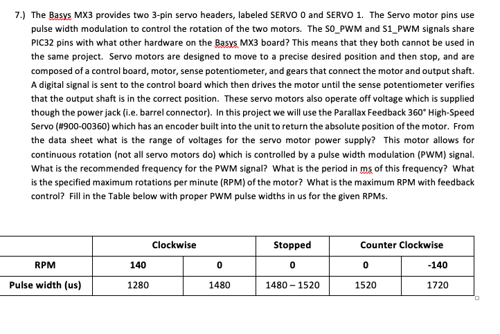 7.) The Basys MX3 provides two 3-pin servo headers, | Chegg.com