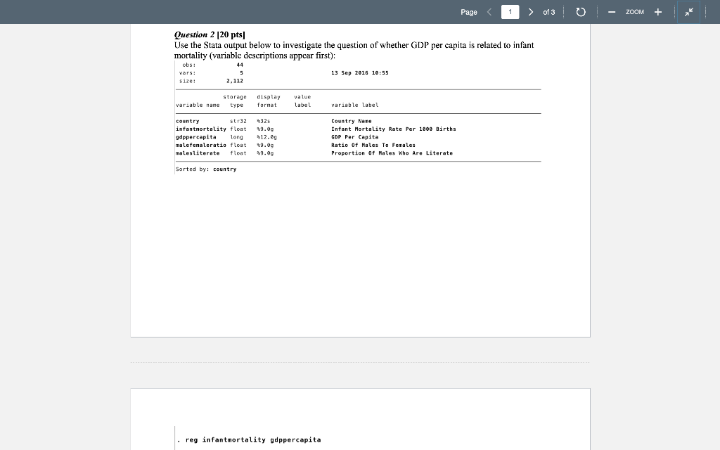 Question 2 [20 pts ] Use the Stata output below to | Chegg.com