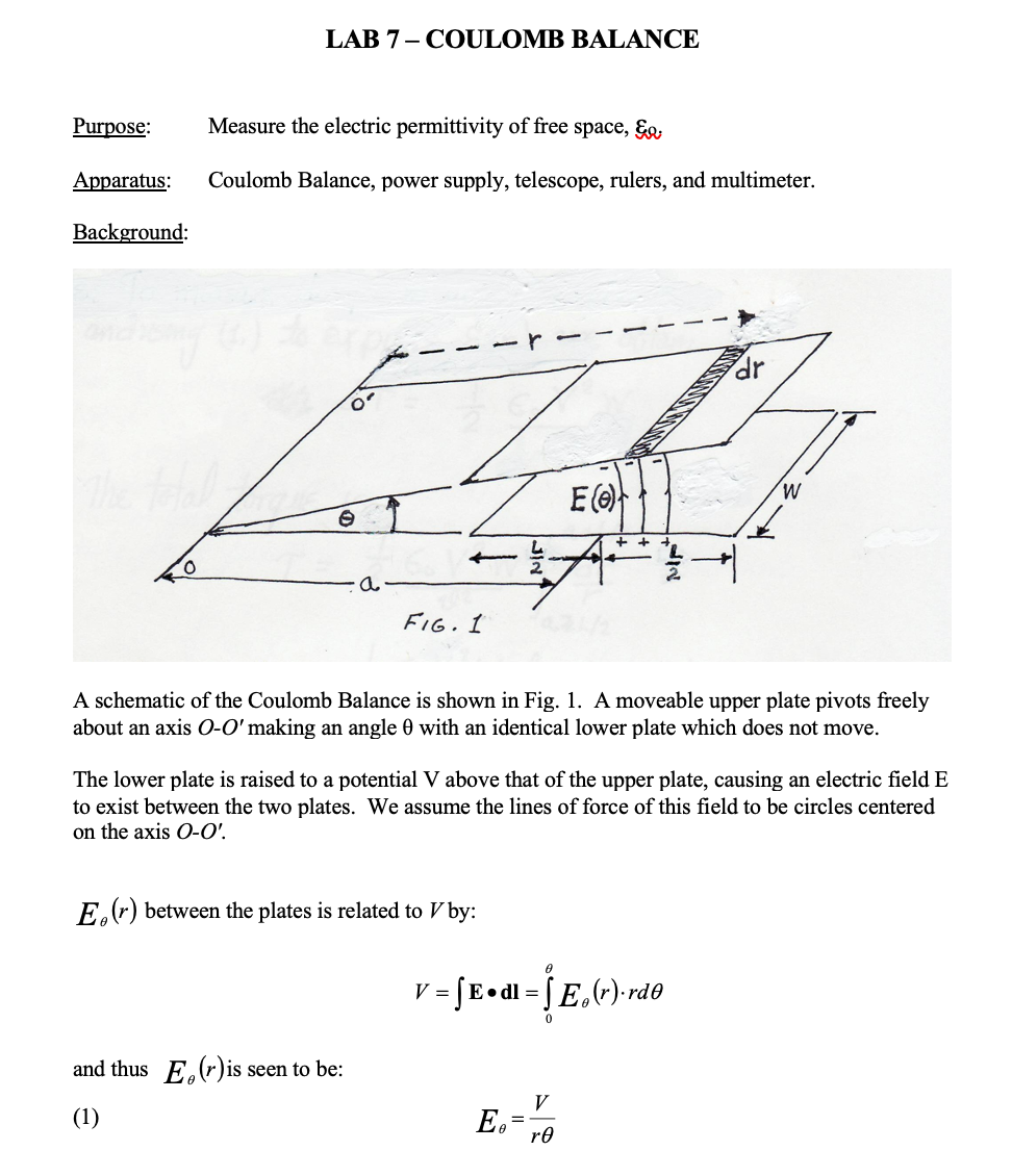 Solved LAB 7-COULOMB BALANCE Purpose: Measure the electric | Chegg.com